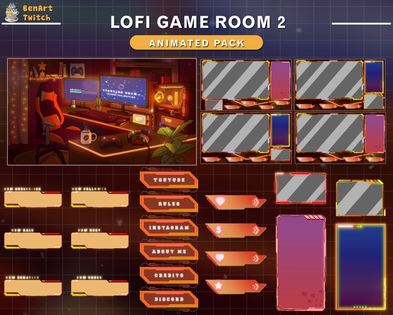 Animated Twitch Overlay Package Orange PC Room, Lofi Game Room Stream ...