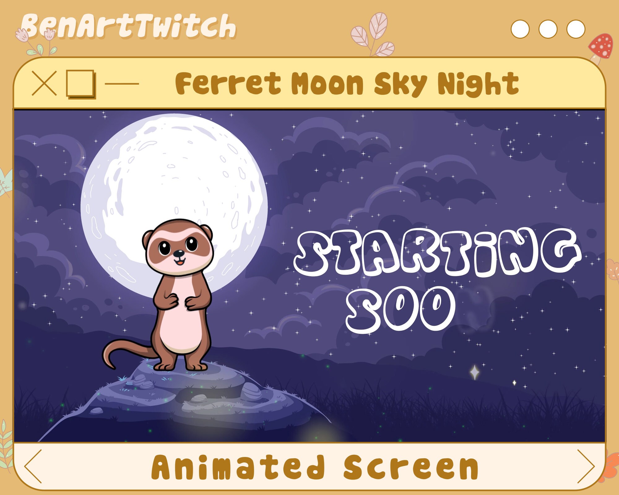 Animated Twitch Overlay Cute Ferret With Moon, Night Sky Stream Bundle ...