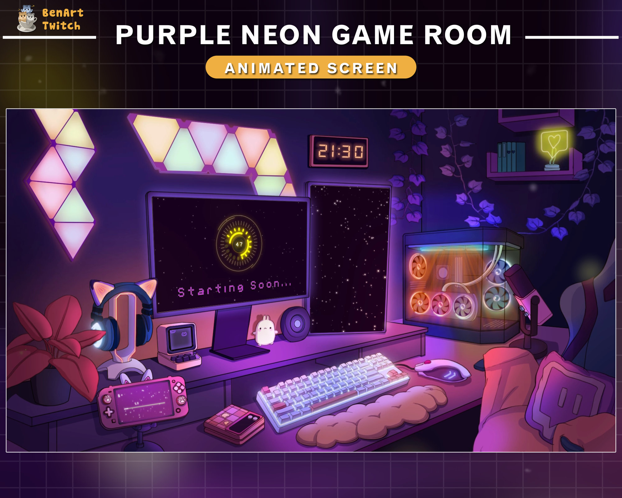 Animated Twitch Screens Cozy PC Room Setup, Purple Pink Neon Game Room ...