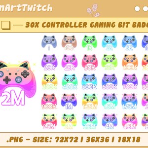 30x Controller Gaming Twitch Sub Bit Badges, Cute Cat Controller Sub ...