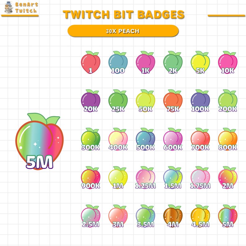 30x Rainbow Peach Twitch Bit Badges, Fruit Twitch Bit Badges, Complete ...