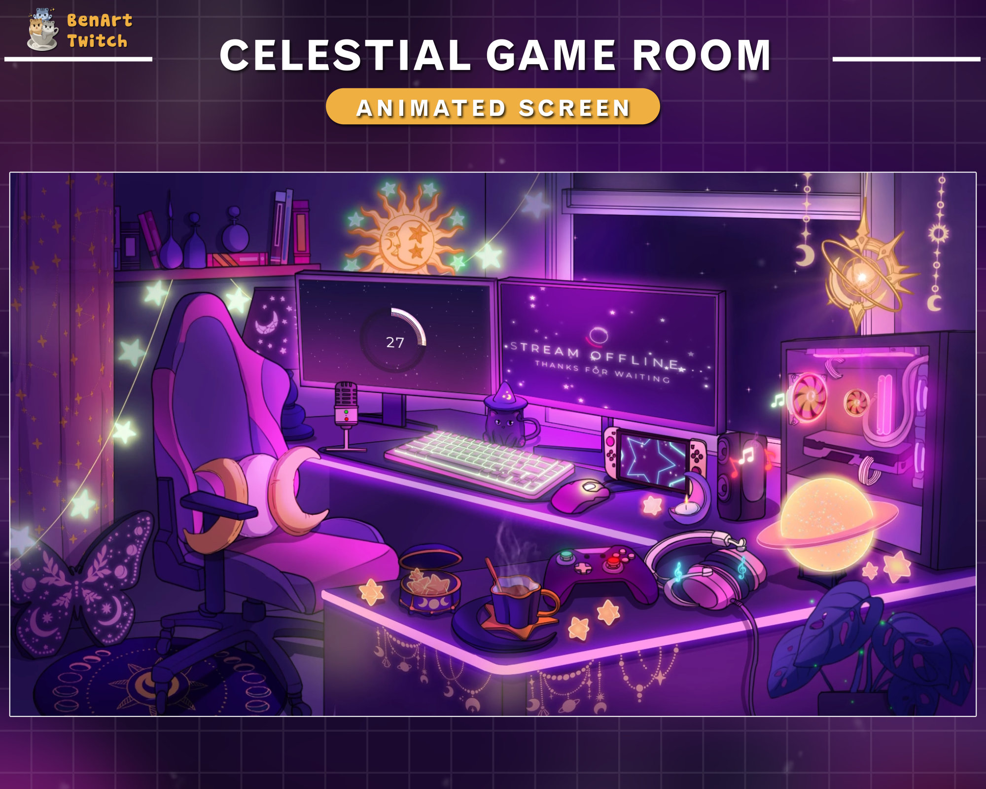 Animated Stream Screen Lofi Desk Celestial, Goth Twitch Overlay With ...
