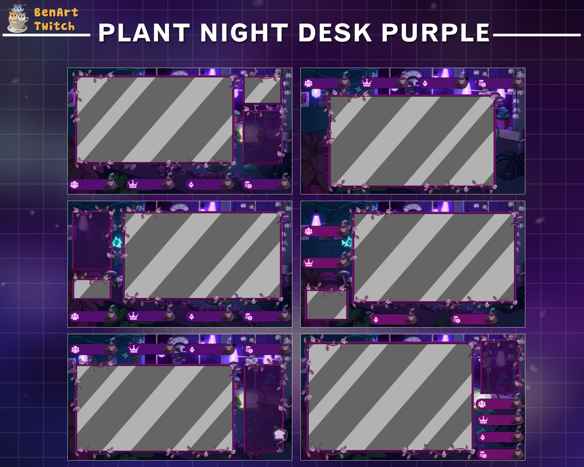 Animated Twitch Overlay Game Room Plants Purple, Lo-fi Desk Stream ...