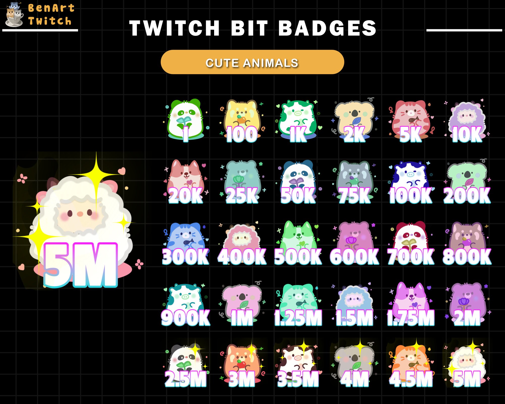Cute Animals Twitch Bit Badges, Kawaii Twitch Badges, Complete Twitch ...