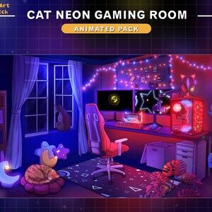 Animated Neon Cat Game Room Twitch Overlay Pack With Starry Night Scene ...
