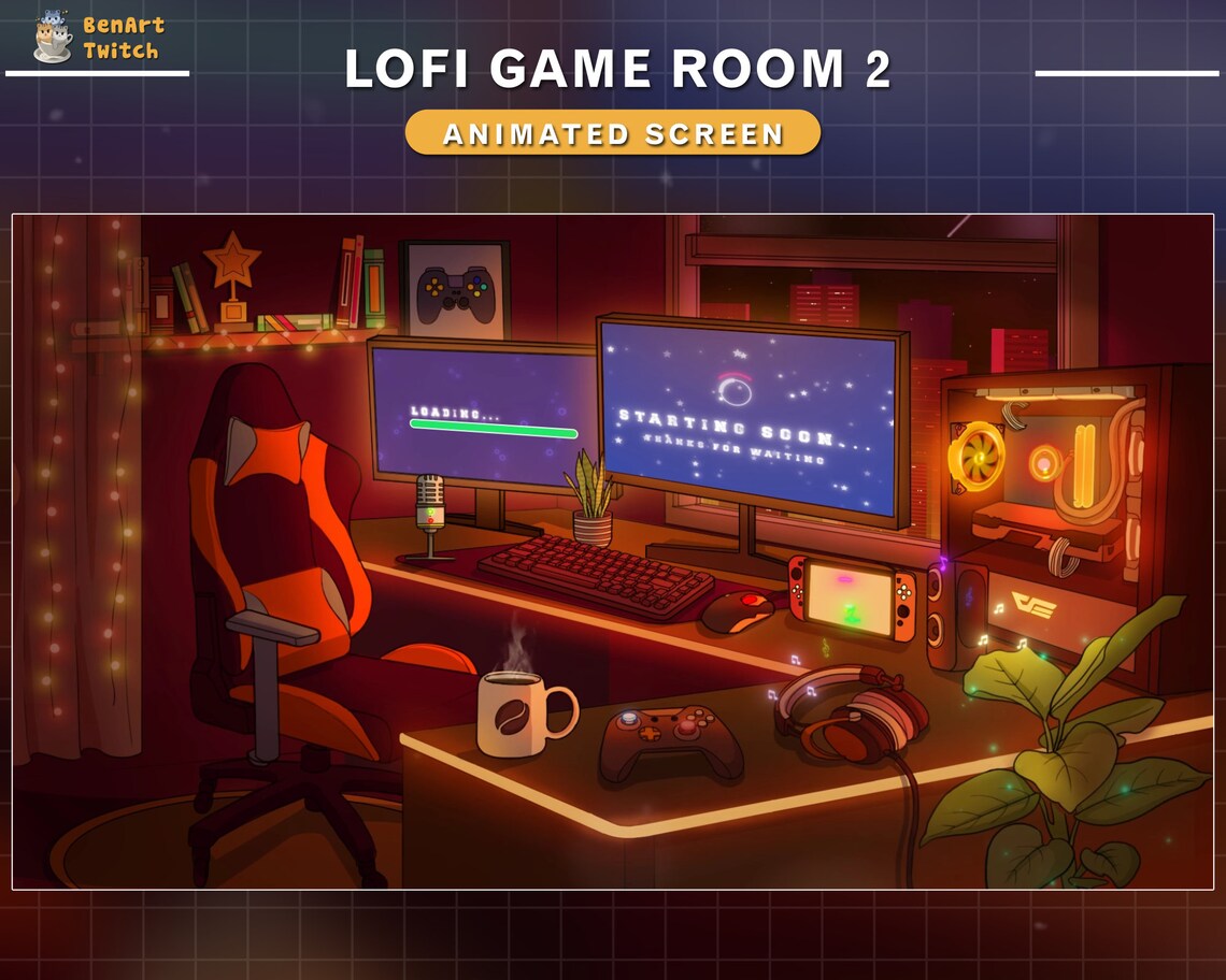 Animated Twitch Screens Orange PC Room, Lofi Game Room Stream Screens ...