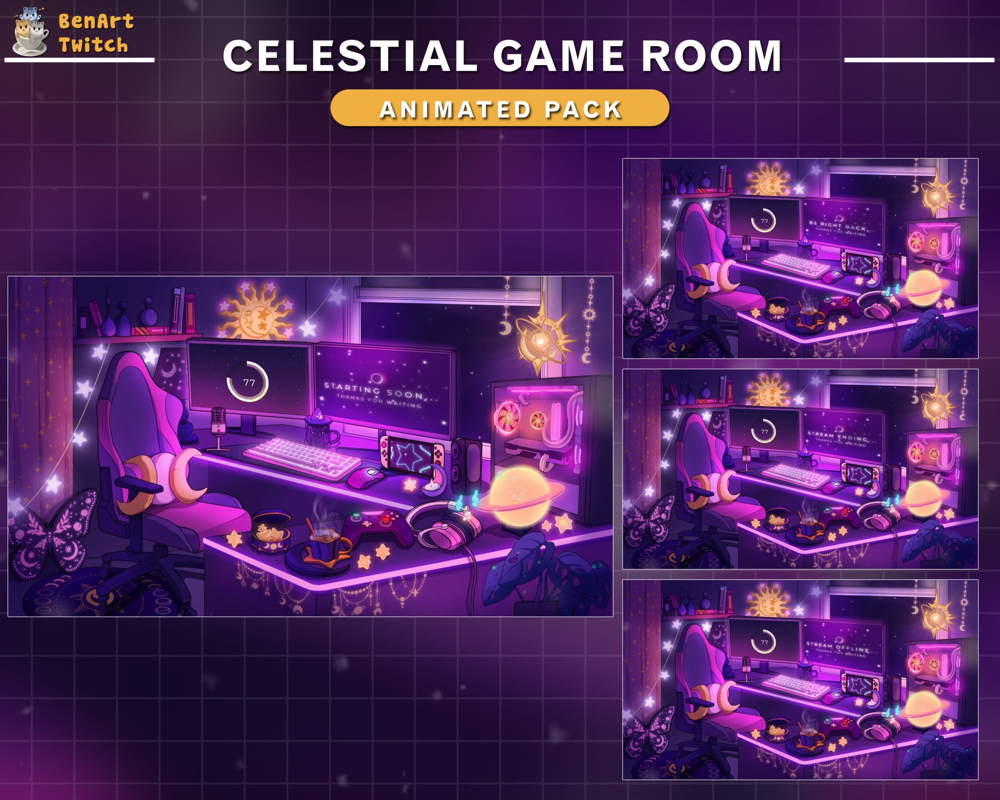 Animated Stream Package Lofi Desk Celestial, Goth Twitch Overlay With ...