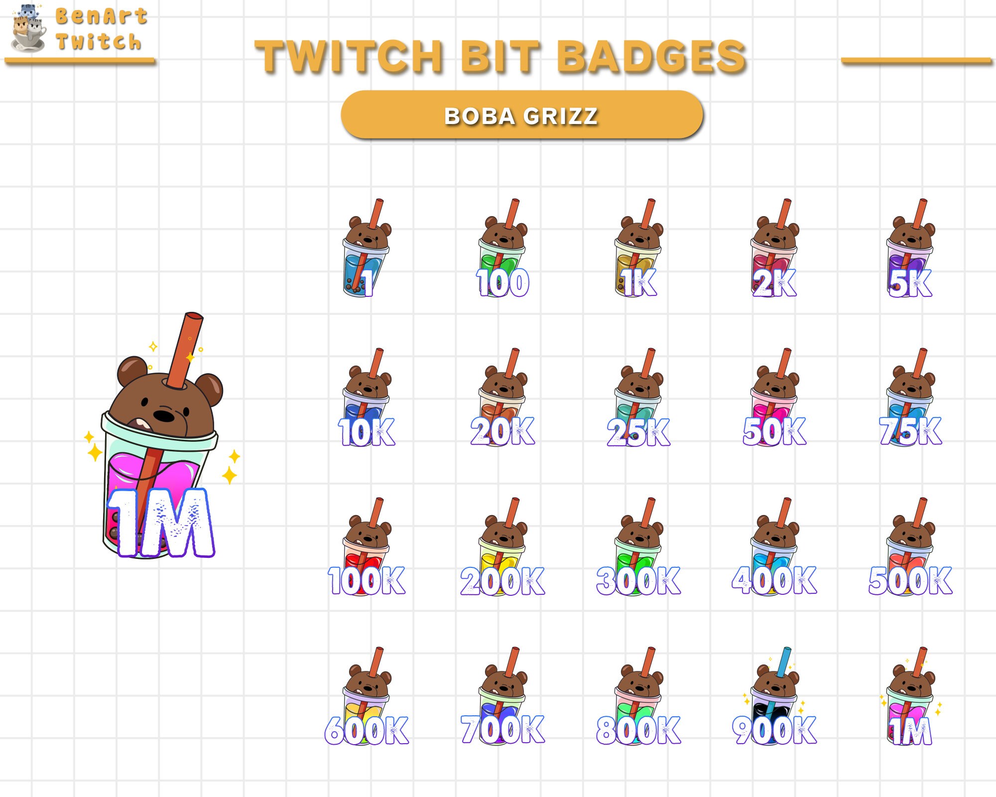 20x Boba Bear Twitch Sub Bit Badges, Bear Sub Badges, Complete Twitch ...