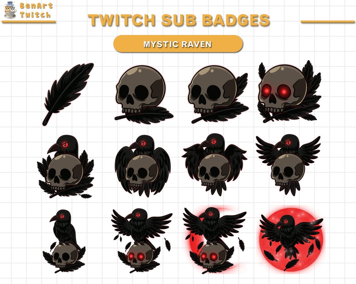 Raven Skull Twitch Sub Badges, Horror Twitch Badges With Crow, Skull ...