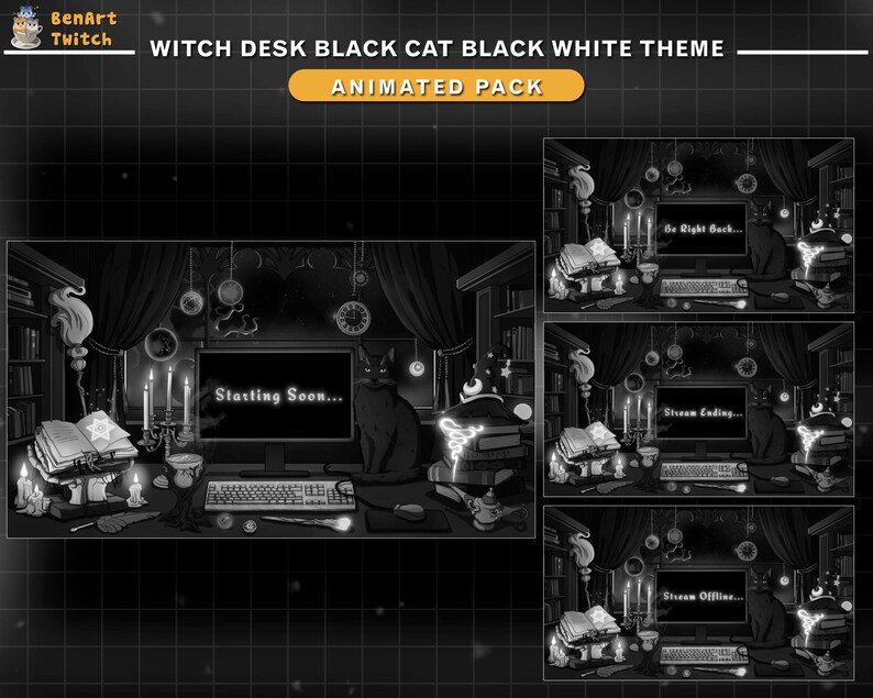 Animated Witch Desk Black Cat Stream Package Black and White Theme ...