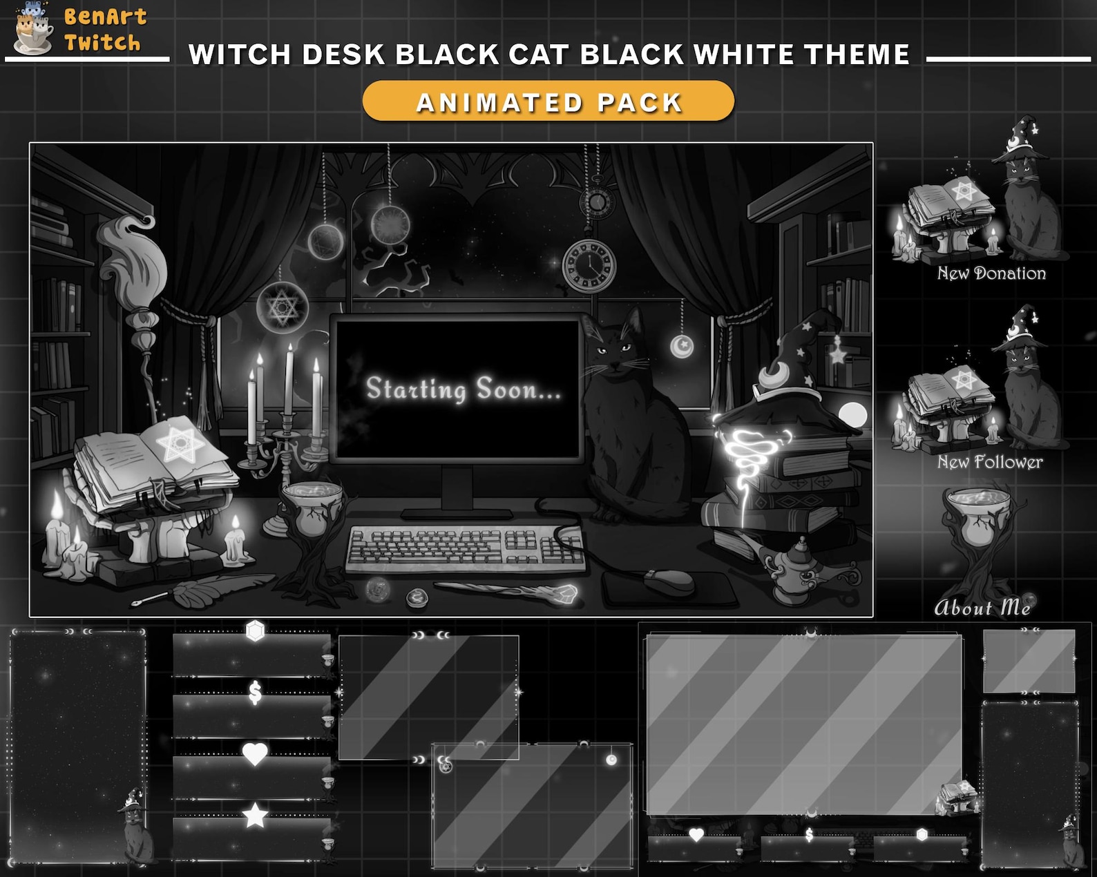 Animated Witch Desk Black Cat Stream Package Black and White Theme ...