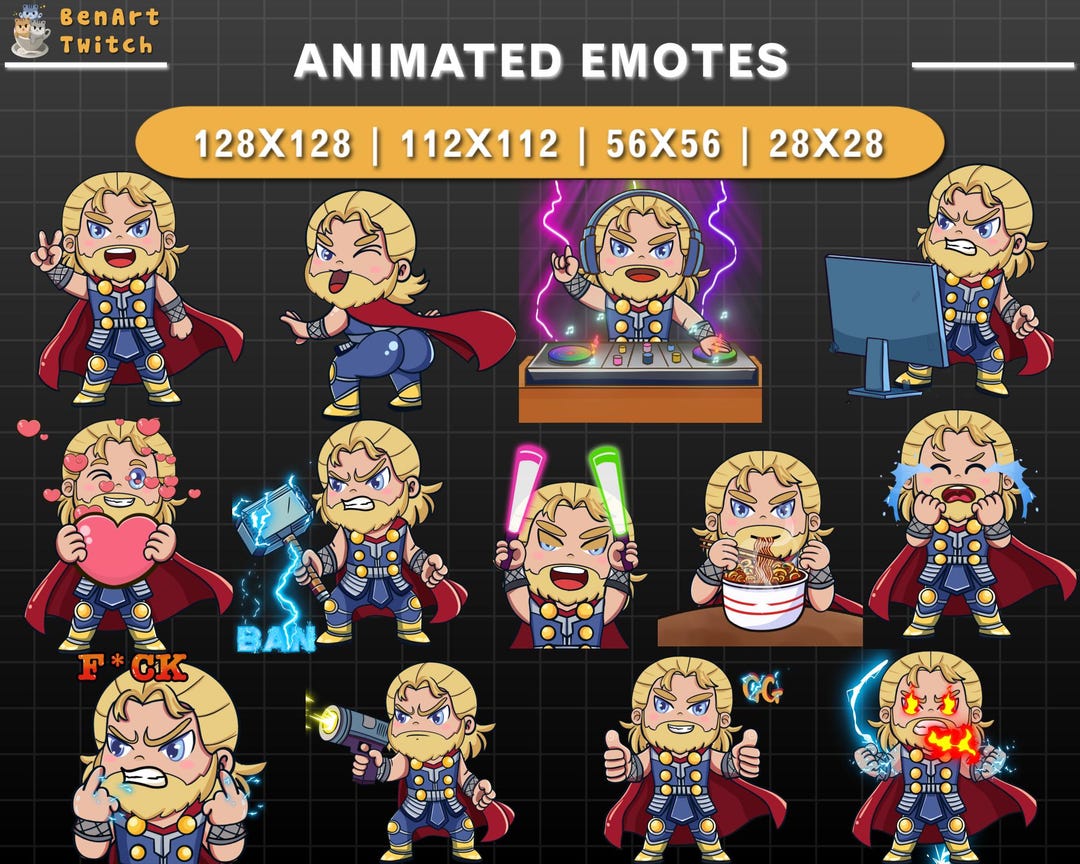 Animated Thor Twitch Emote Pack, Norse God of Thunder With Mjolnir and ...