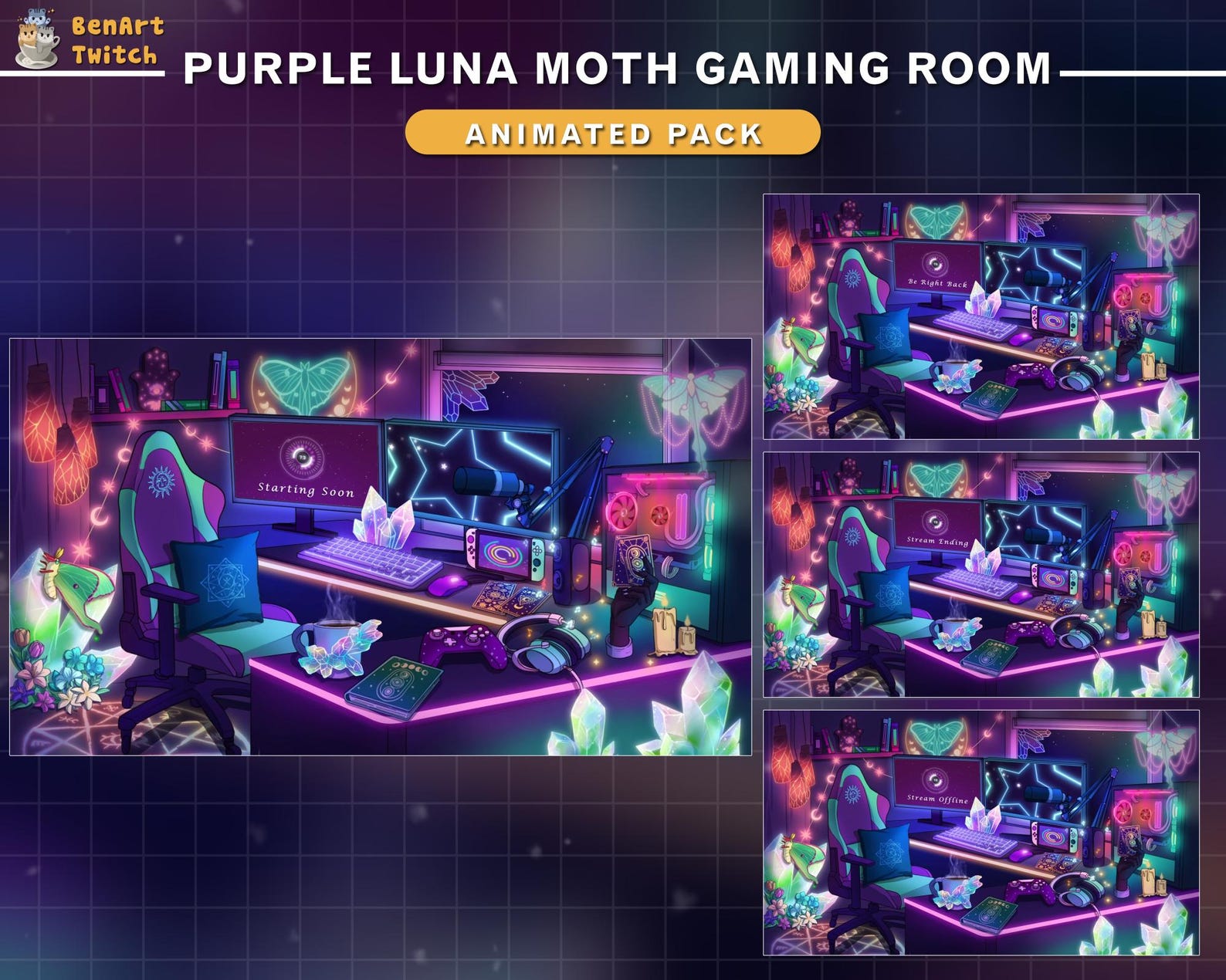Animated Stream Package Game Room Luna Moth, Goth Twitch Overlay With ...