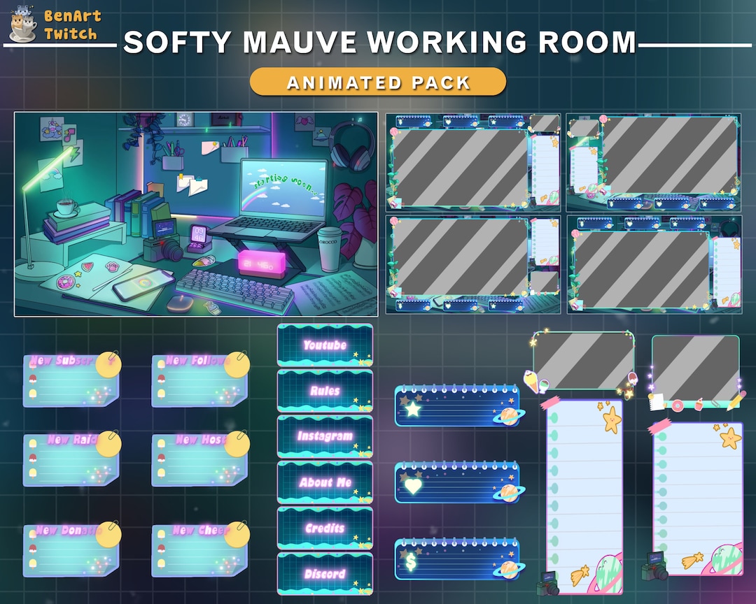 Animated Twitch Overlay Softy Mauve Working Room, Neon Lo-fi Desk ...