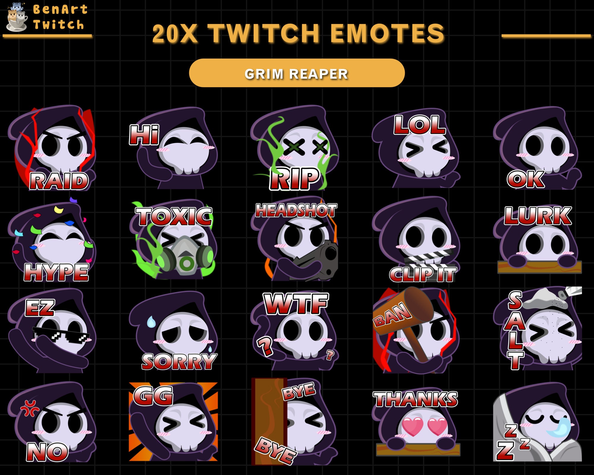 20x Grim Reaper Twitch Emotes Pack, Cute Grim Reaper Stream Emotes ...