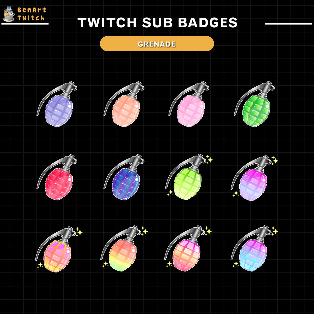 12x Grenade Twitch Sub/ Bit Badges, Rainbow Grenade Ready to Use for ...