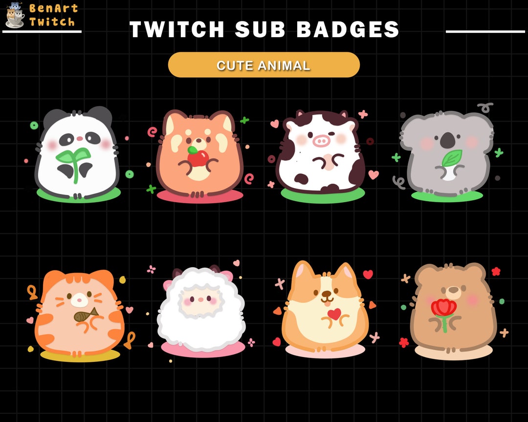 Cute Animals Twitch Sub Badges, Cute Cat, Dog, Rabbit, Panda Twitch ...