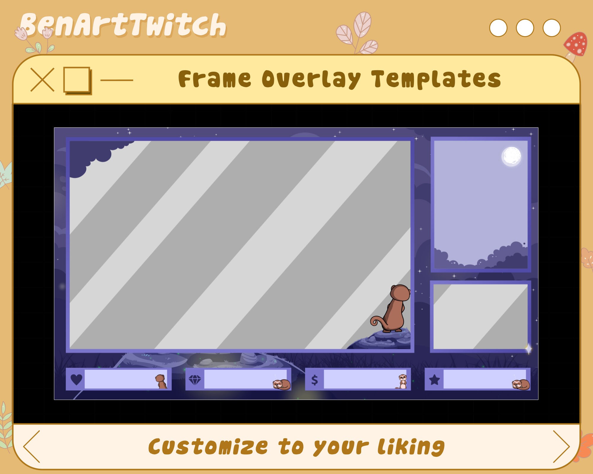 Animated Twitch Overlay Cute Ferret With Moon, Night Sky Stream Bundle ...