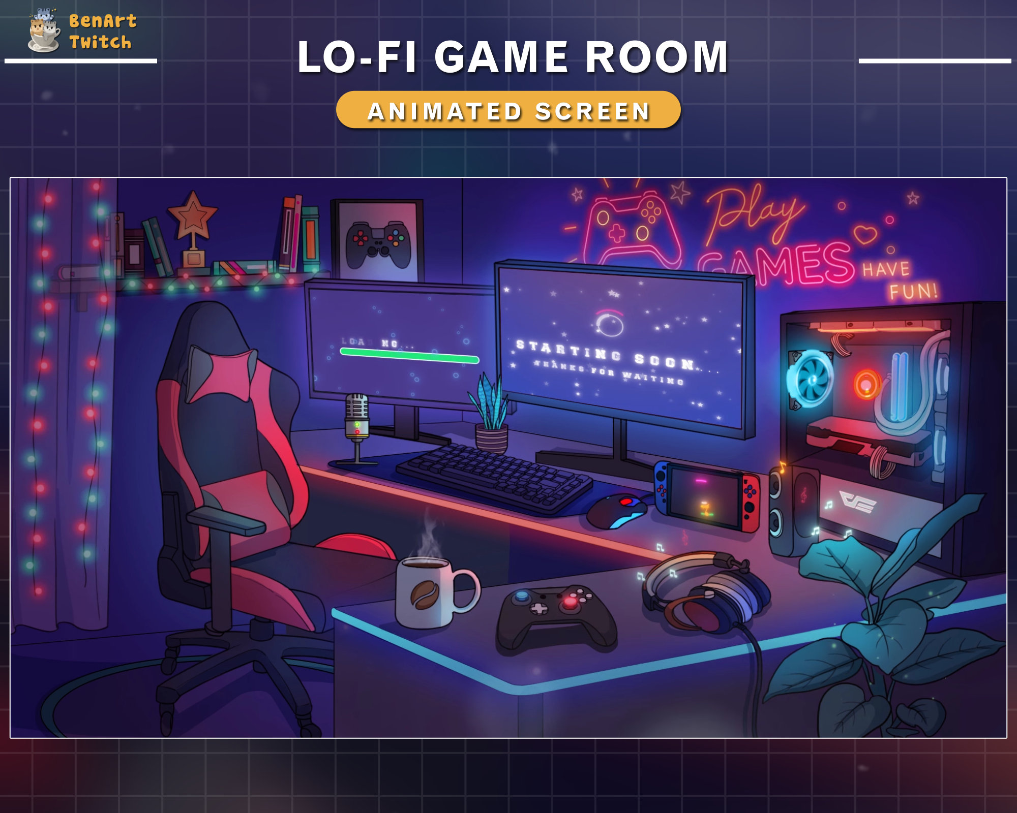 Animated Twitch Overlay Package Cozy PC Room, Lofi Game Room Stream ...