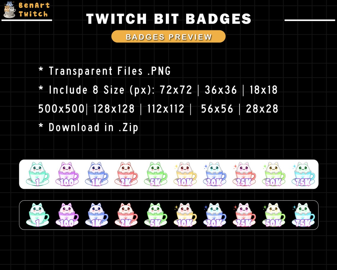 30x Cat Cups Twitch Bit Badges, Cute Cat Twitch Sub Badges for ...