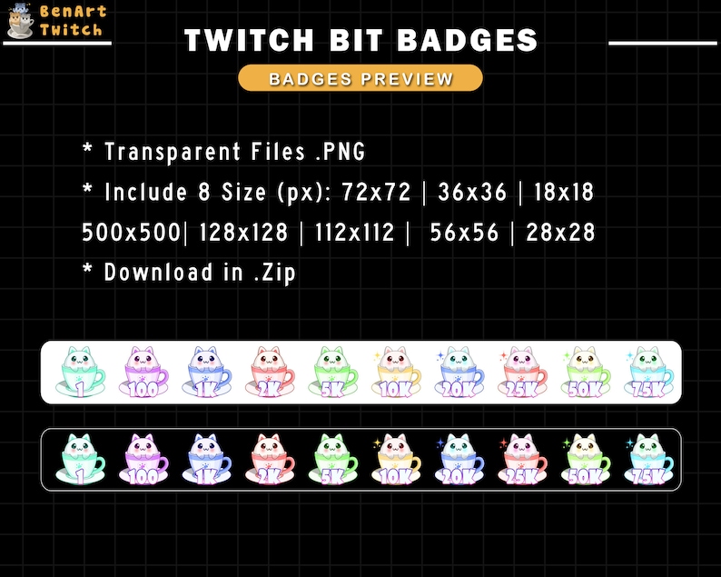 30x Cat Cups Twitch Bit Badges, Cute Cat Twitch Sub Badges for ...
