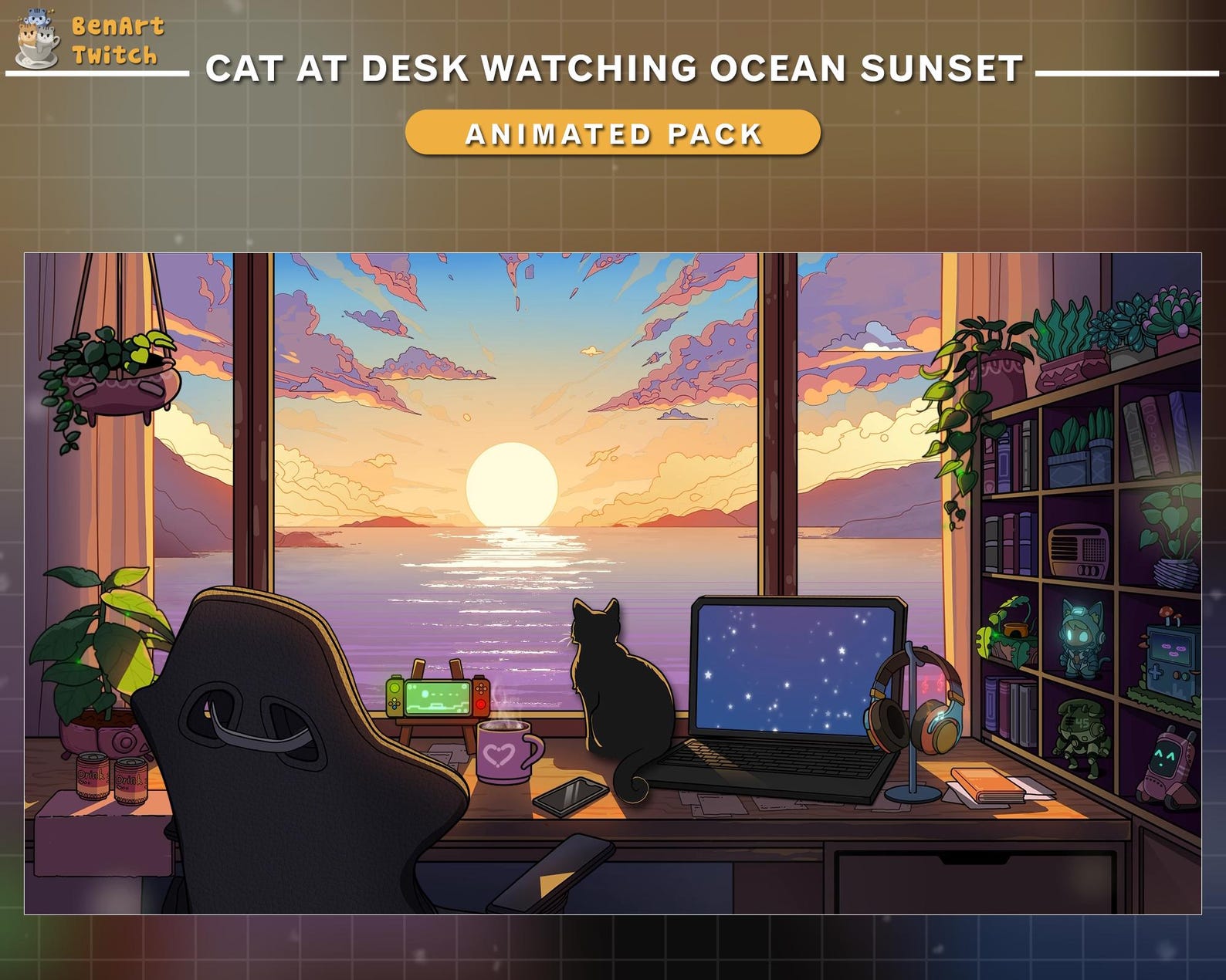Animated Stream Package Cat at Desk Watching Ocean Sunset Day Theme ...