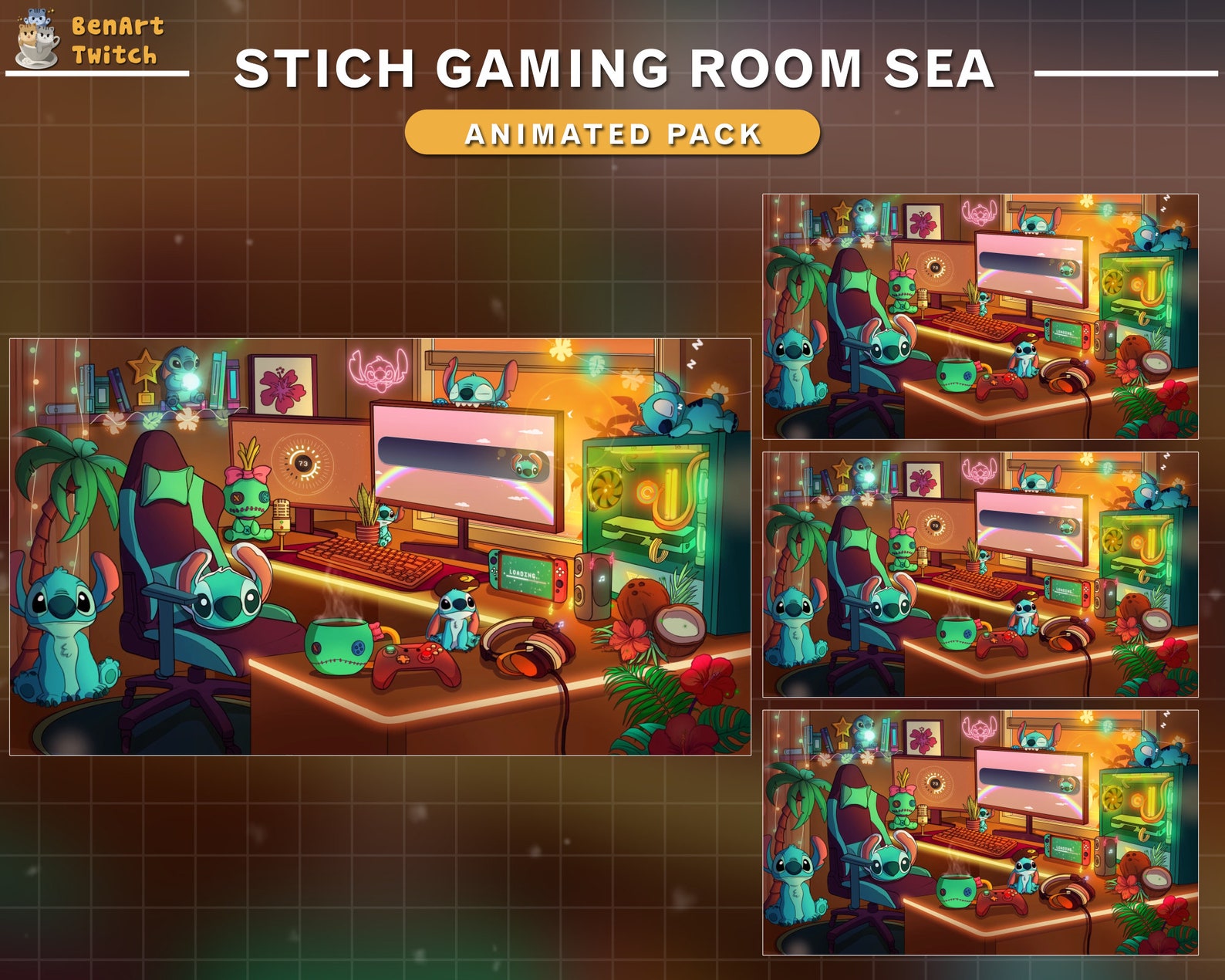 Animated Twitch Pack Game Room Stitch Summer, Cute Stitch Stream ...