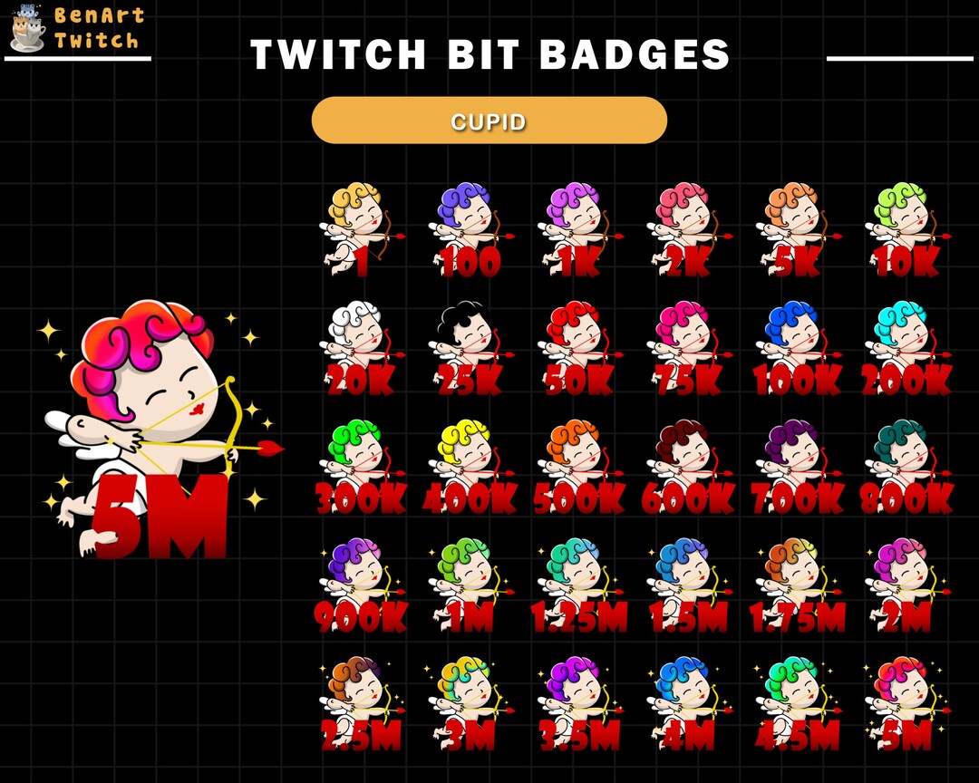 30x Cupid Twitch Bit Badges, Cupid Sub Badges, Complete Twitch Bit ...