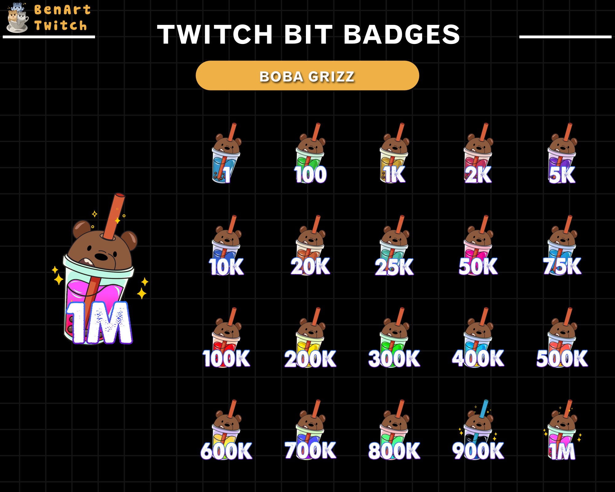 20x Boba Bear Twitch Sub Bit Badges, Bear Sub Badges, Complete Twitch ...