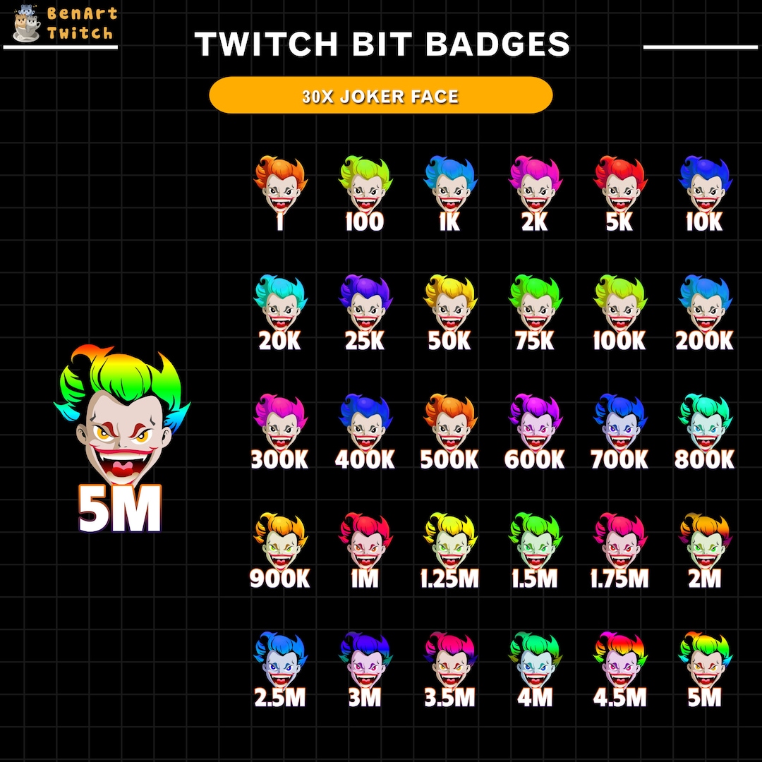 30x Joker Face Twitch Bit Badges, Joker Face Twitch Sub Badges, Numbers ...