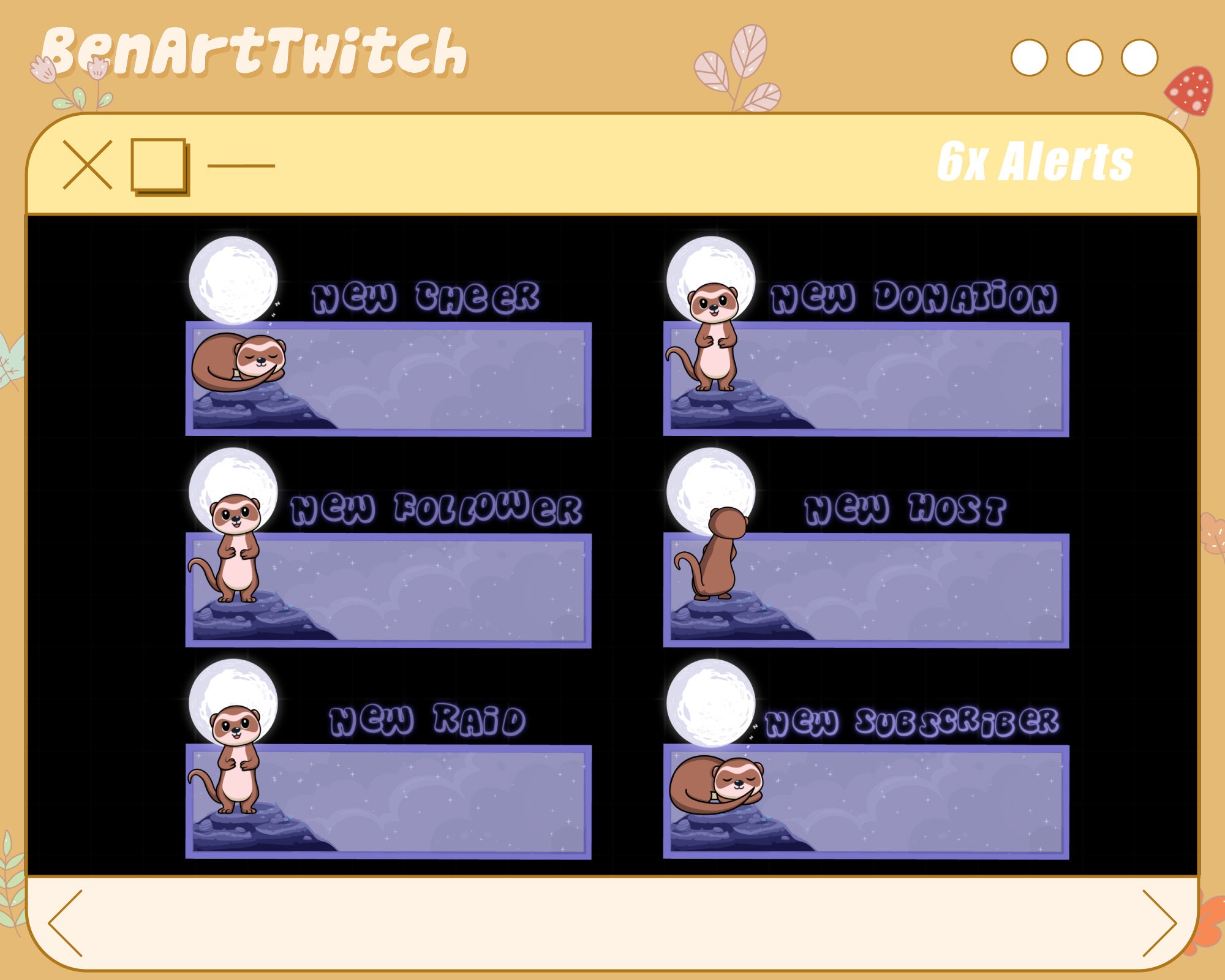 Animated Twitch Overlay Cute Ferret With Moon, Night Sky Stream Bundle ...