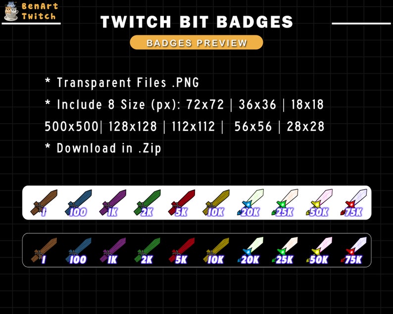 30x Magic Sword Twitch Bit Badges, Swords Twitch Badges, Complete ...