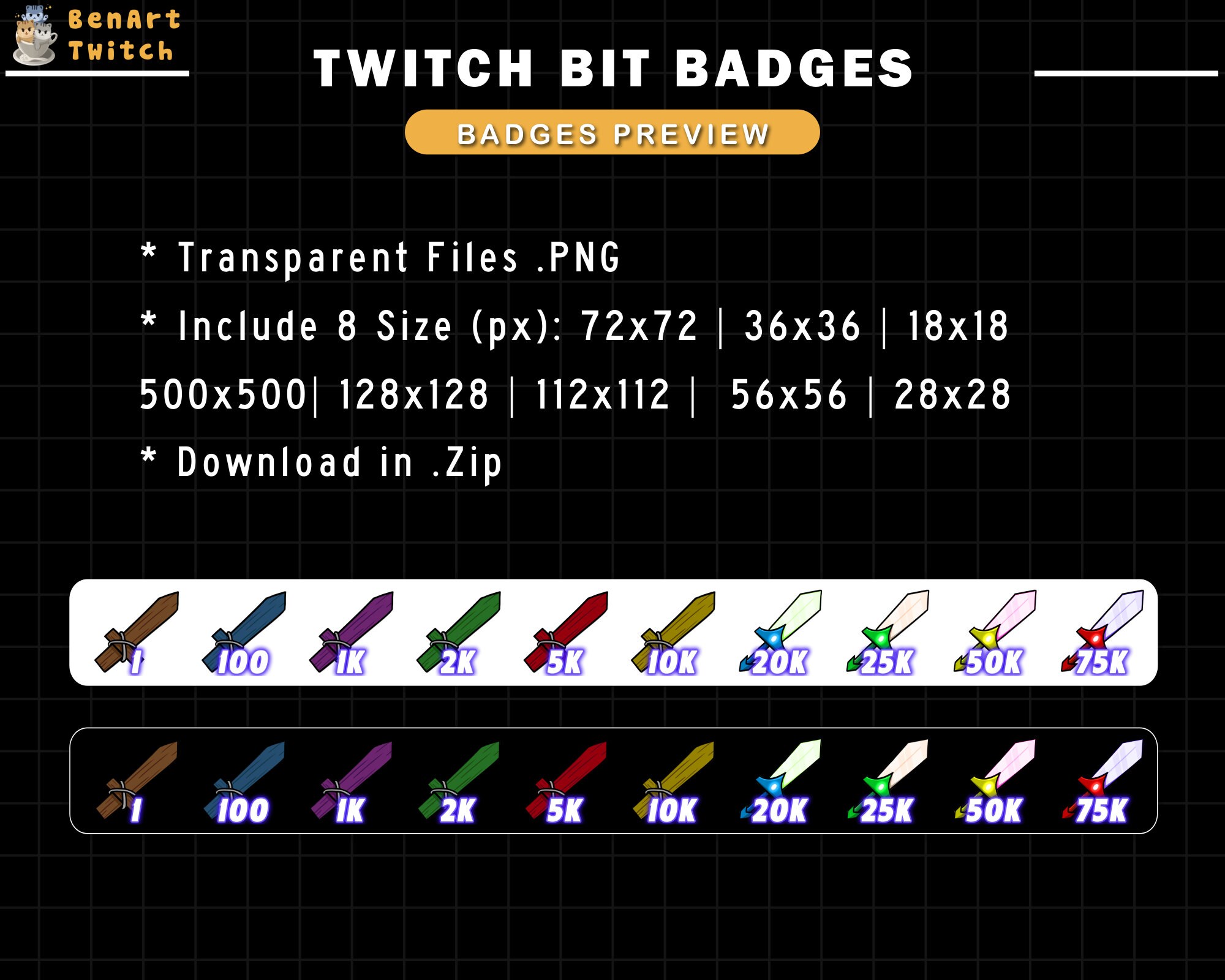 30x Magic Sword Twitch Bit Badges, Swords Twitch Badges, Complete ...