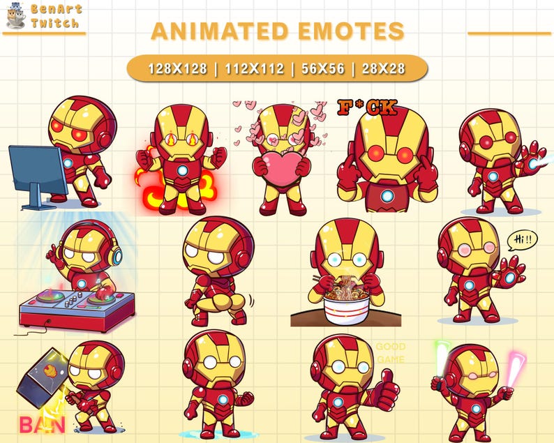 Animated Iron Man Emotes Pack, Chibi Superhero Twitch & Discord Emotes ...