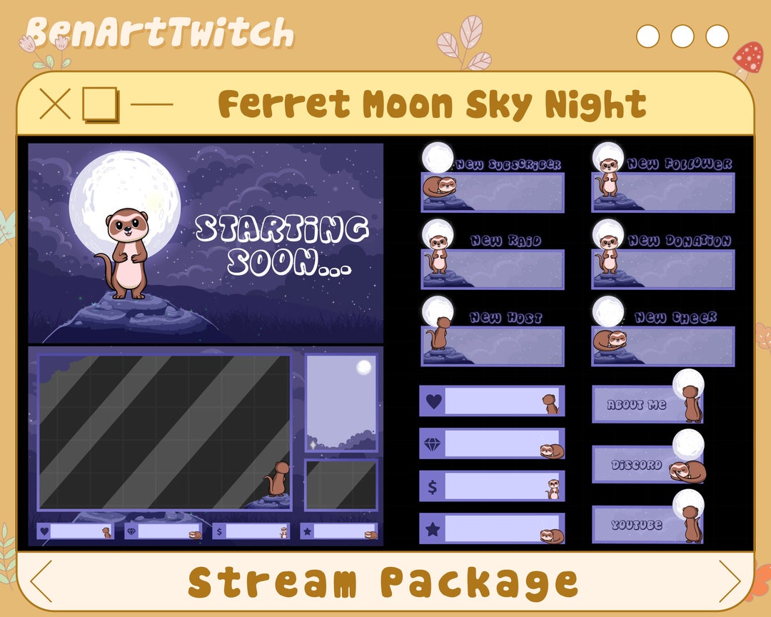 Animated Twitch Overlay Cute Ferret With Moon, Night Sky Stream Bundle ...