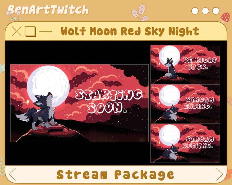 Animated Cute Wolf Moon Twitch Overlay Stream Package, Moon Sky Night ...