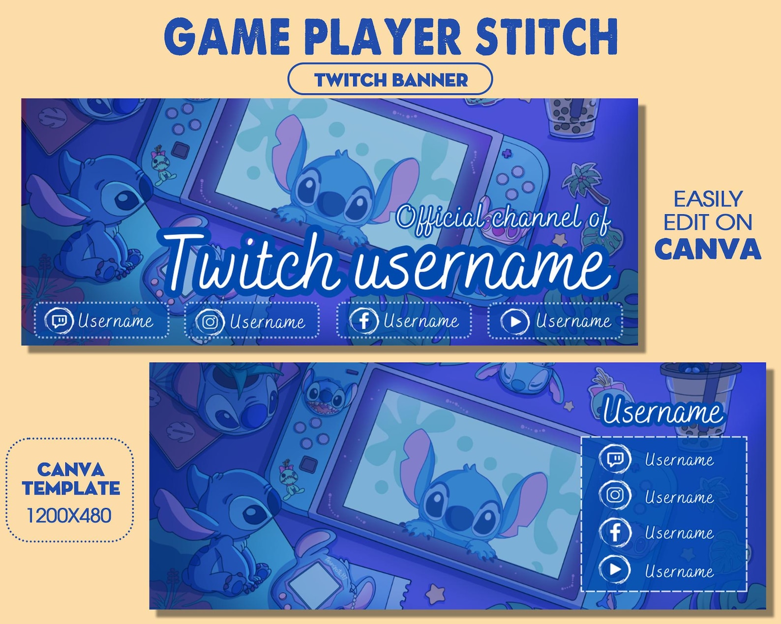 Stitch Twitch Banner Template, Lofi Desk Stitch Stream Header, Kawaii ...