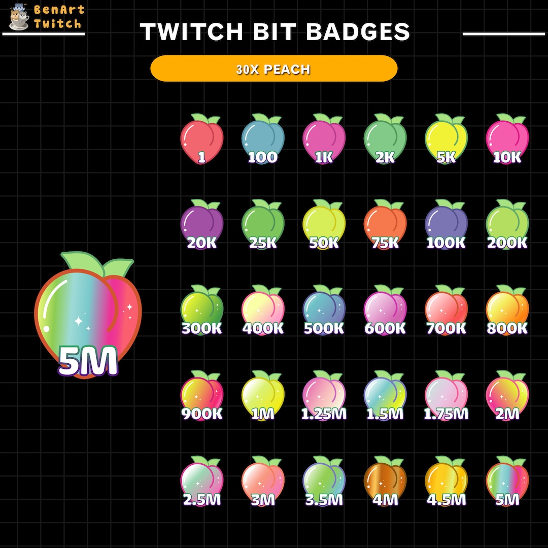 30x Rainbow Peach Twitch Bit Badges, Fruit Twitch Bit Badges, Complete ...