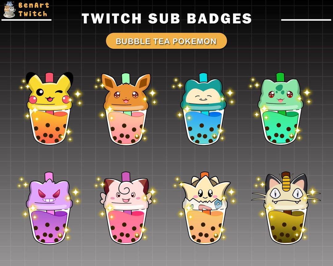 Cute Pokemon Boba Tea Twitch Sub Badge With Pikachu, Eevee, Snowlax ...