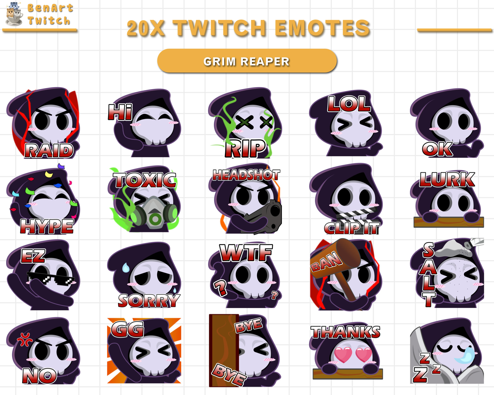 20x Grim Reaper Twitch Emotes Pack, Cute Grim Reaper Stream Emotes ...