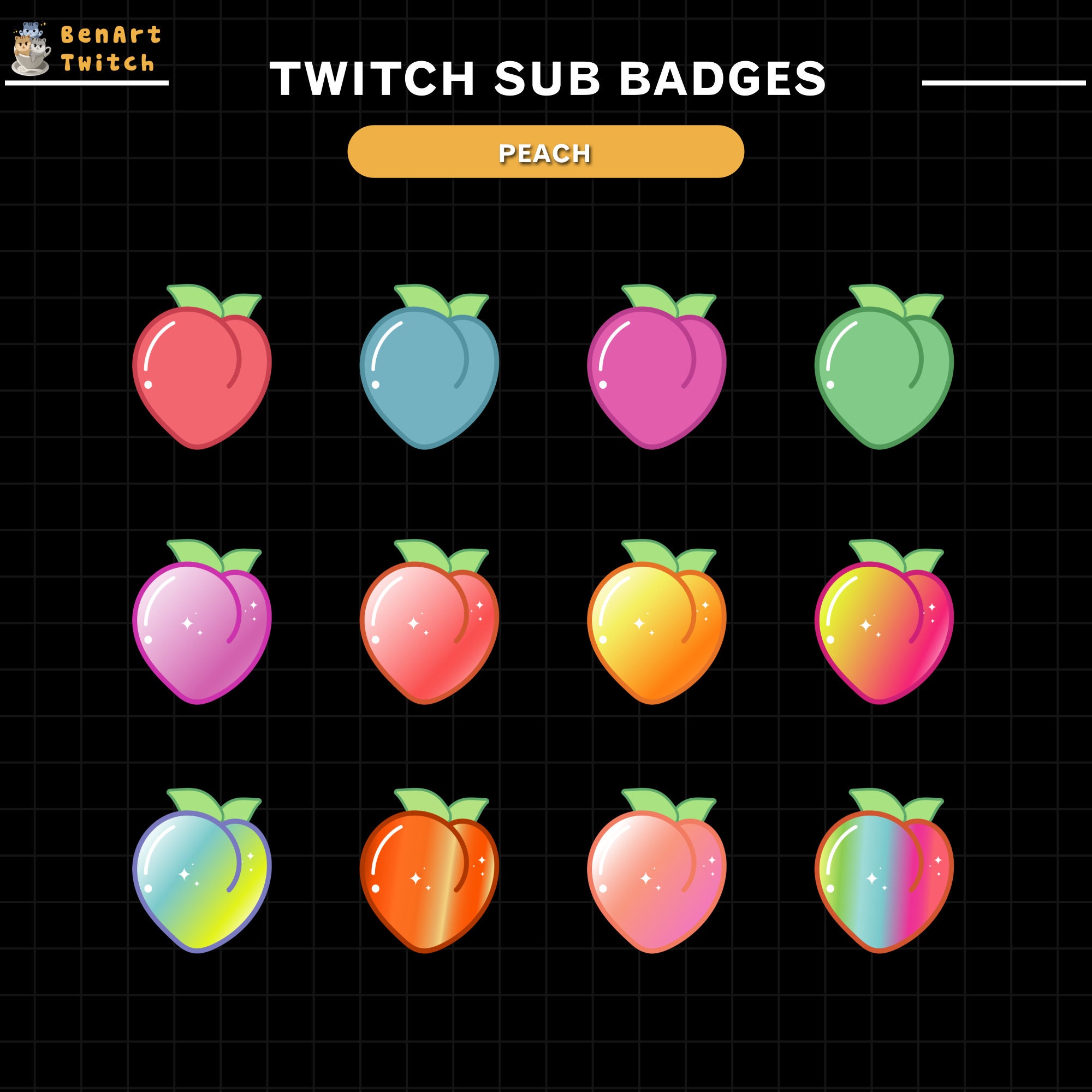 Colorful Peach Twitch Sub Badges, Fruit Twitch Sub Badges for Streamers ...