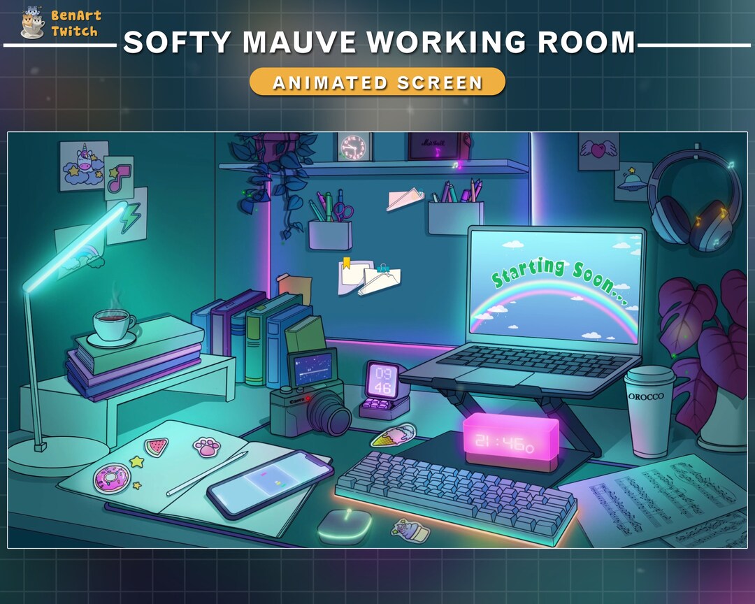 Animated Twitch Screens Softy Mauve Working Room, Neon Lo-fi Desk ...