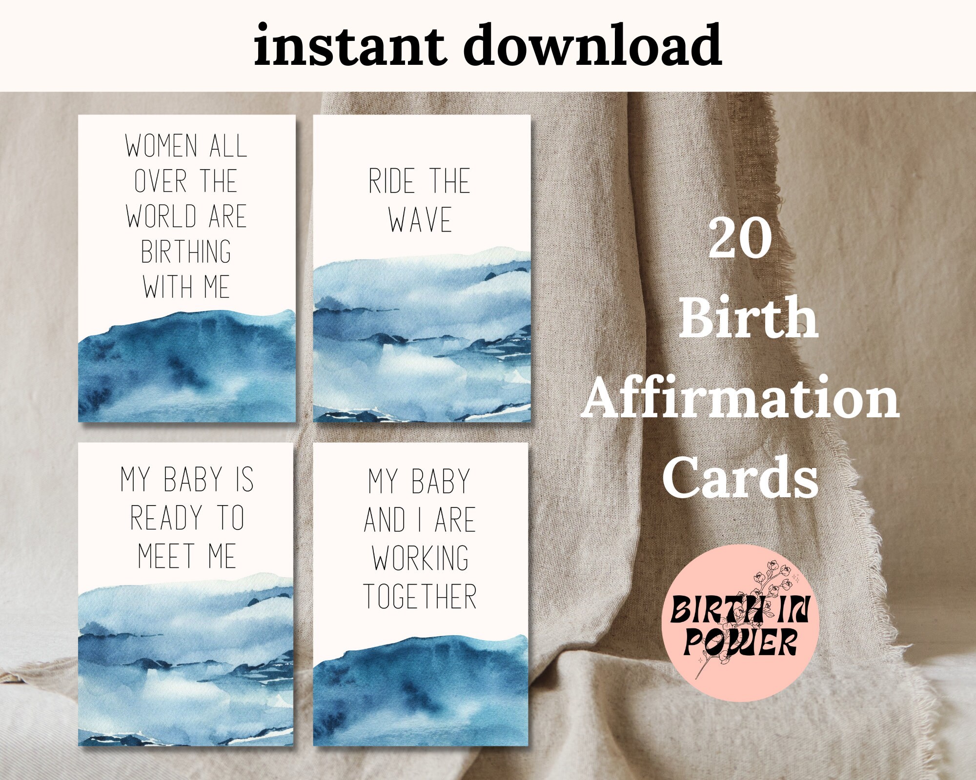 Birth Affirmation Cards A4 & A6 Relaxing Blue Watercolour | Instant ...