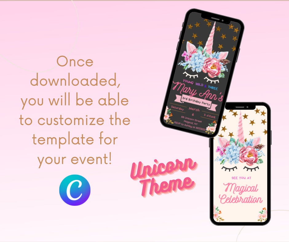 Unicorn Magical Birthday Party Digital Invitation Canva Template Phone ...