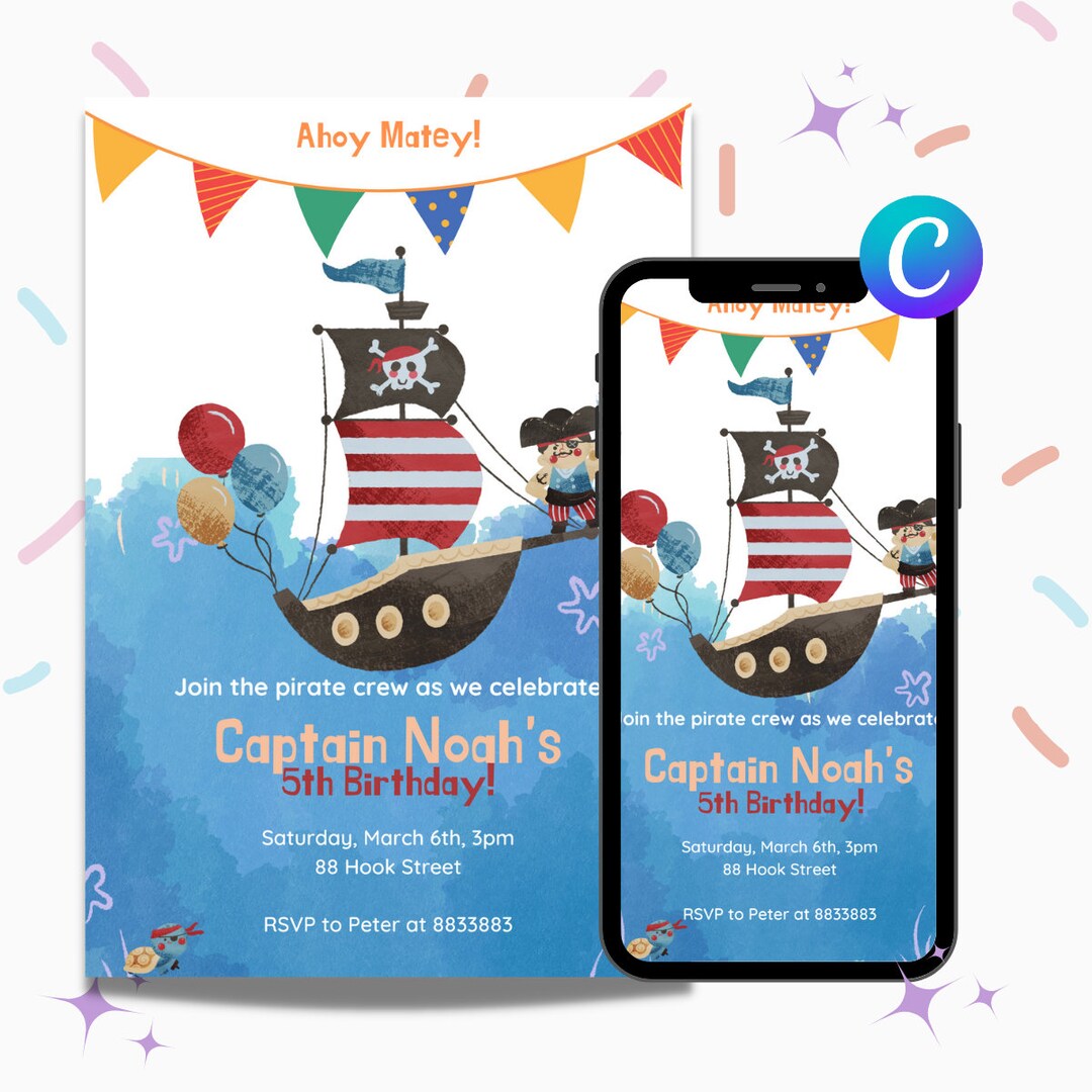 Pirate Ahoy Matey Theme Party Printable Card Phone Invitation Combo ...