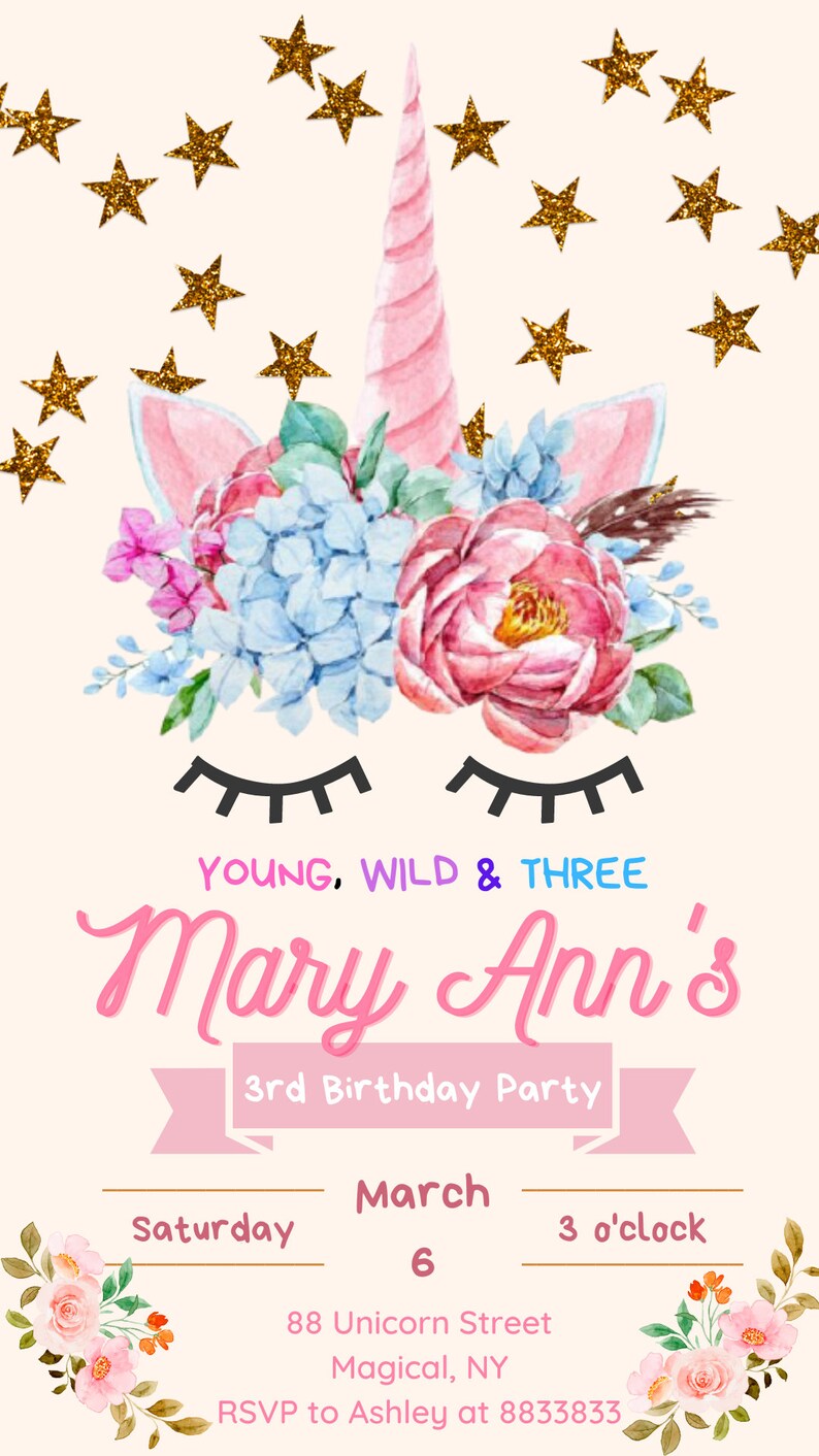 Unicorn Magical Birthday Party Digital Invitation Canva Template Phone ...