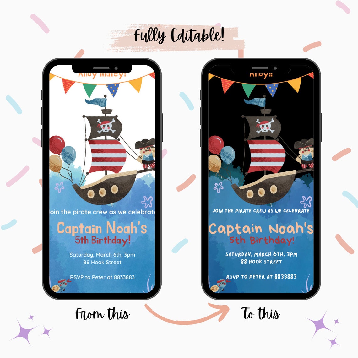 Pirate Ahoy Matey Theme Party Printable Card Phone Invitation Combo ...