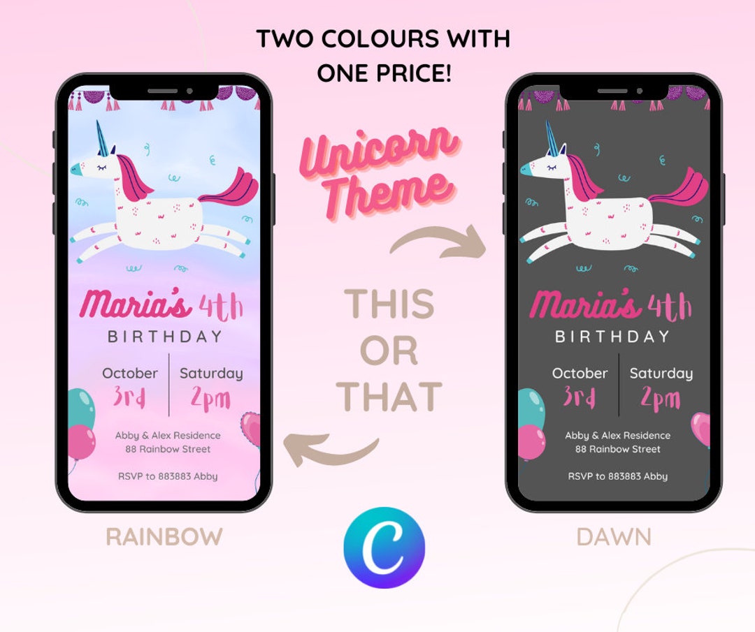 Unicorn Magical Colourful Birthday Party Digital Invitation Canva ...