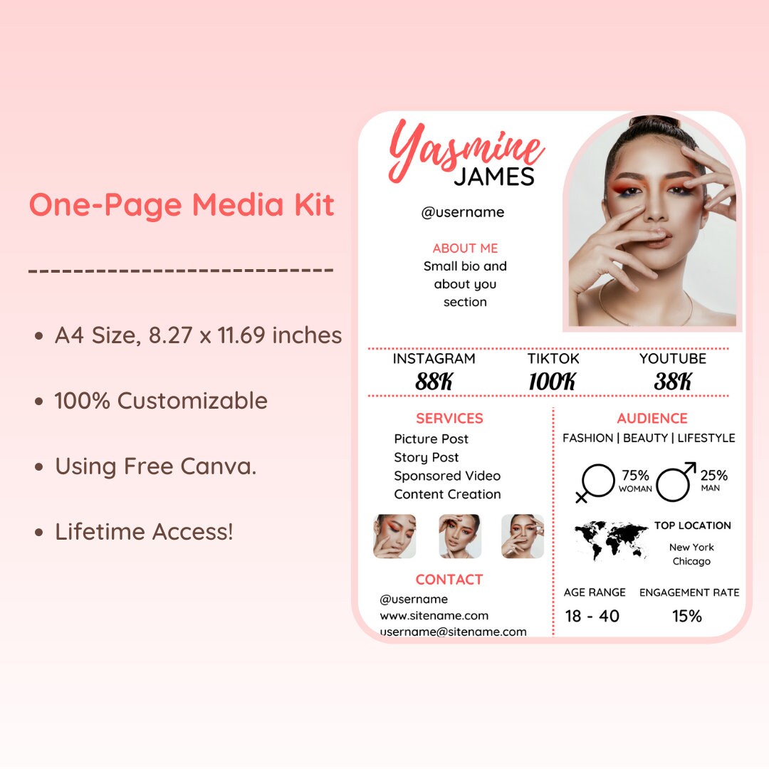 One Page Media Kit Canva Template for Influencers | Instagram, Blogger ...