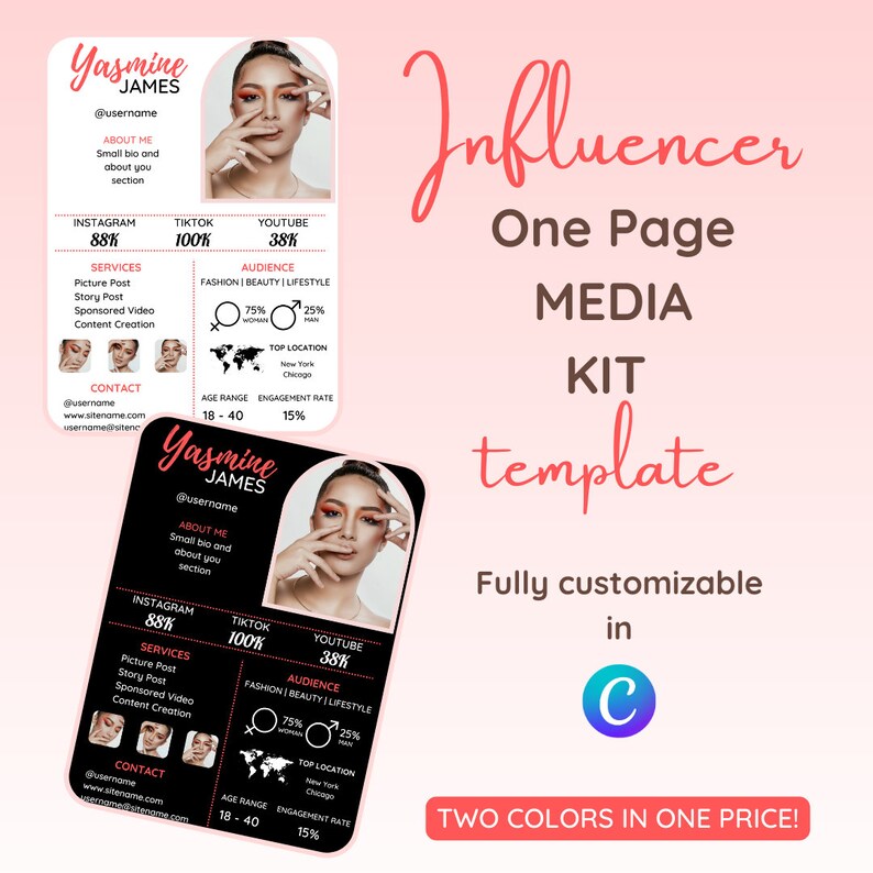 One Page Media Kit Canva Template for Influencers | Instagram, Blogger ...